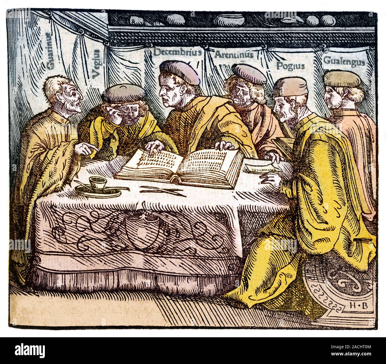 Humanist scholars in debate. Coloured woodcut illustration depicting ...