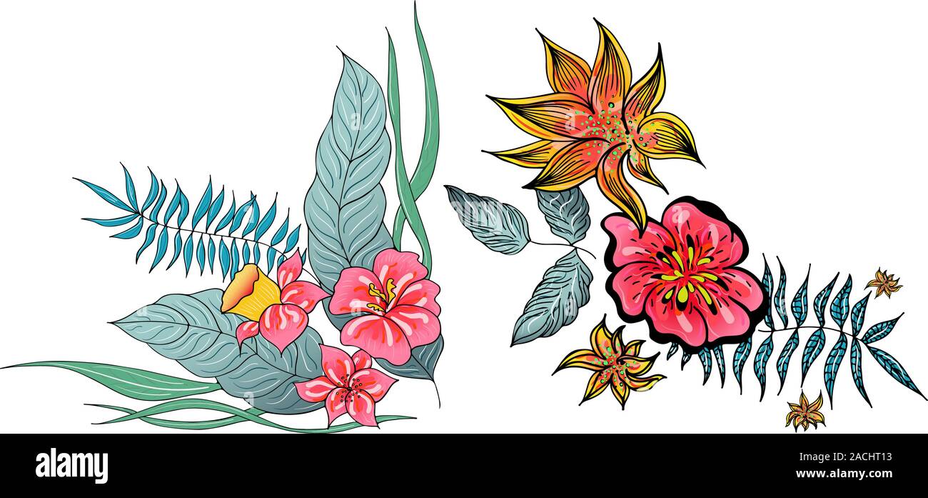 Set of two summer colorful tropical flowers. Floral botanical flower ...