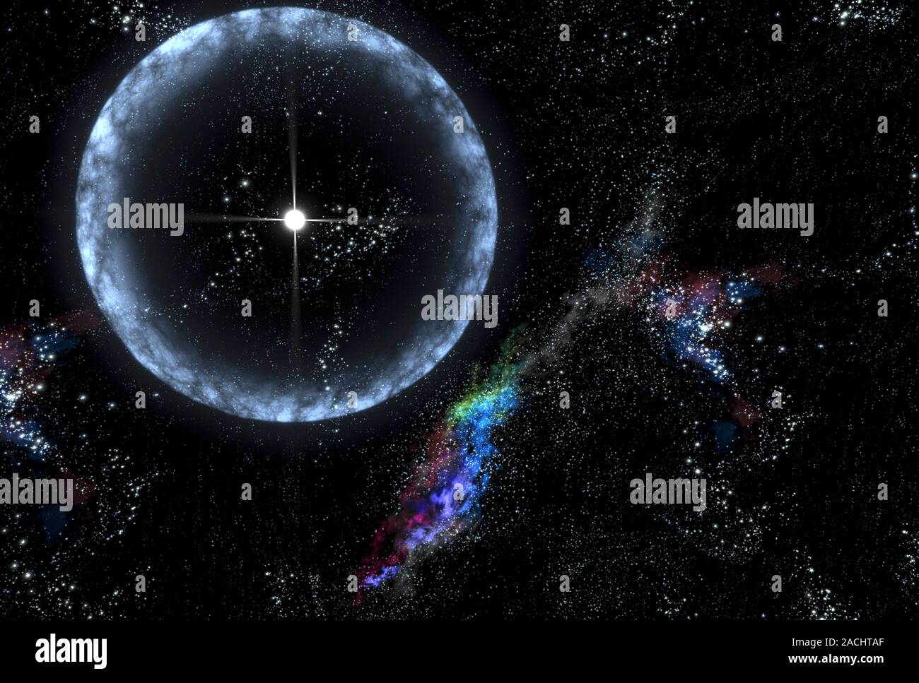 Magnetar star SGR 1806-20. Artwork showing a gamma ray burst (blue ...