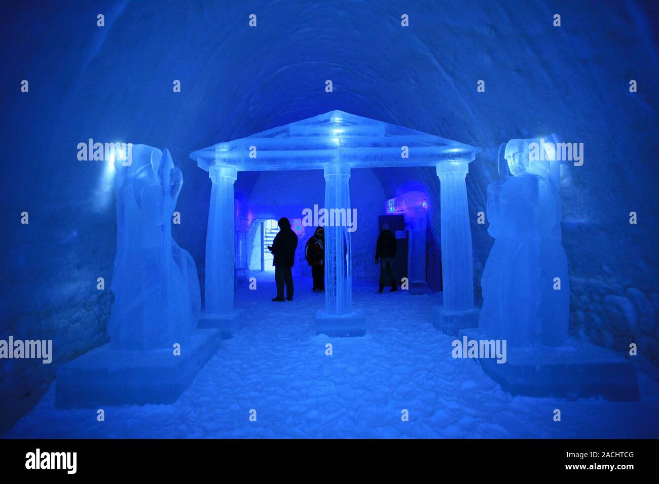 Ice hotel interior. Ice hotels are built entirely from snow and ice in ...