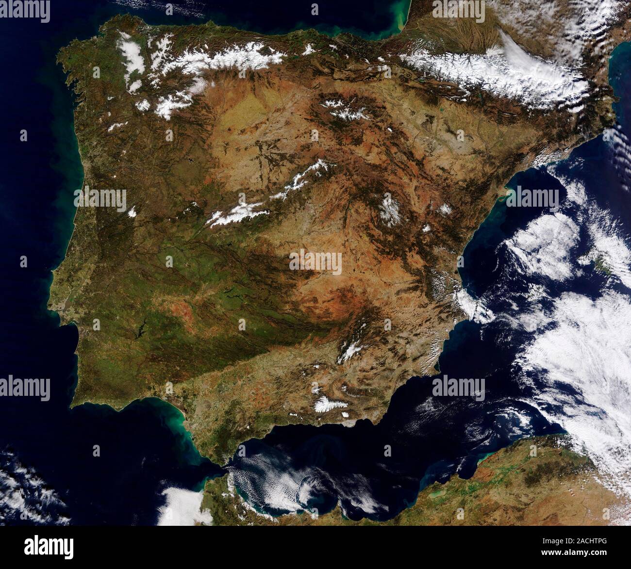 Iberian Peninsula. Satellite image of the two countries making up the ...