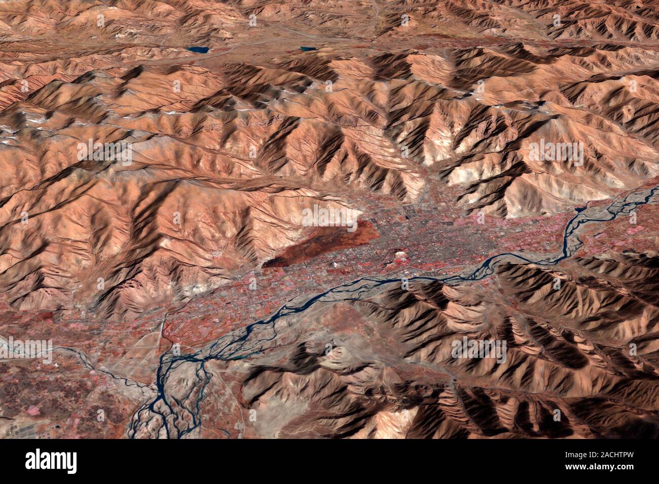 Lhasa, Tibet, 3D satellite image. North is towards upper left. Lhasa ...