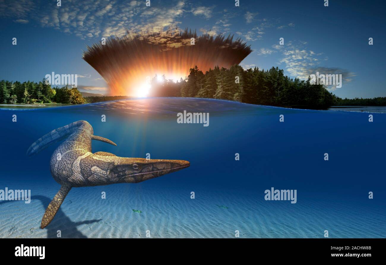 K-T extinction event, artwork. This catastrophic asteroid impact, which took place 65 million ...