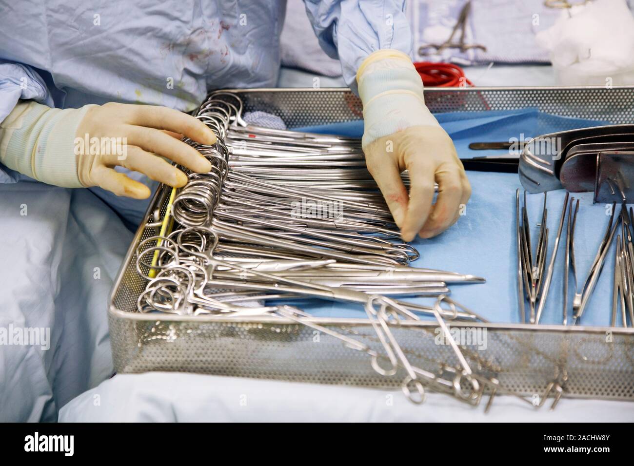 Surgical instruments. Tray of tools being used during an operation ...