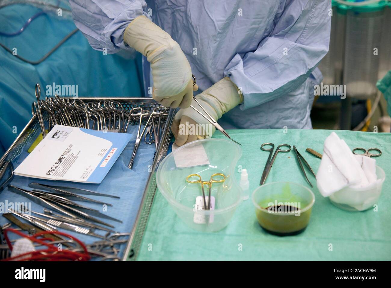 Surgical instruments. Tray of instruments being used during an ...