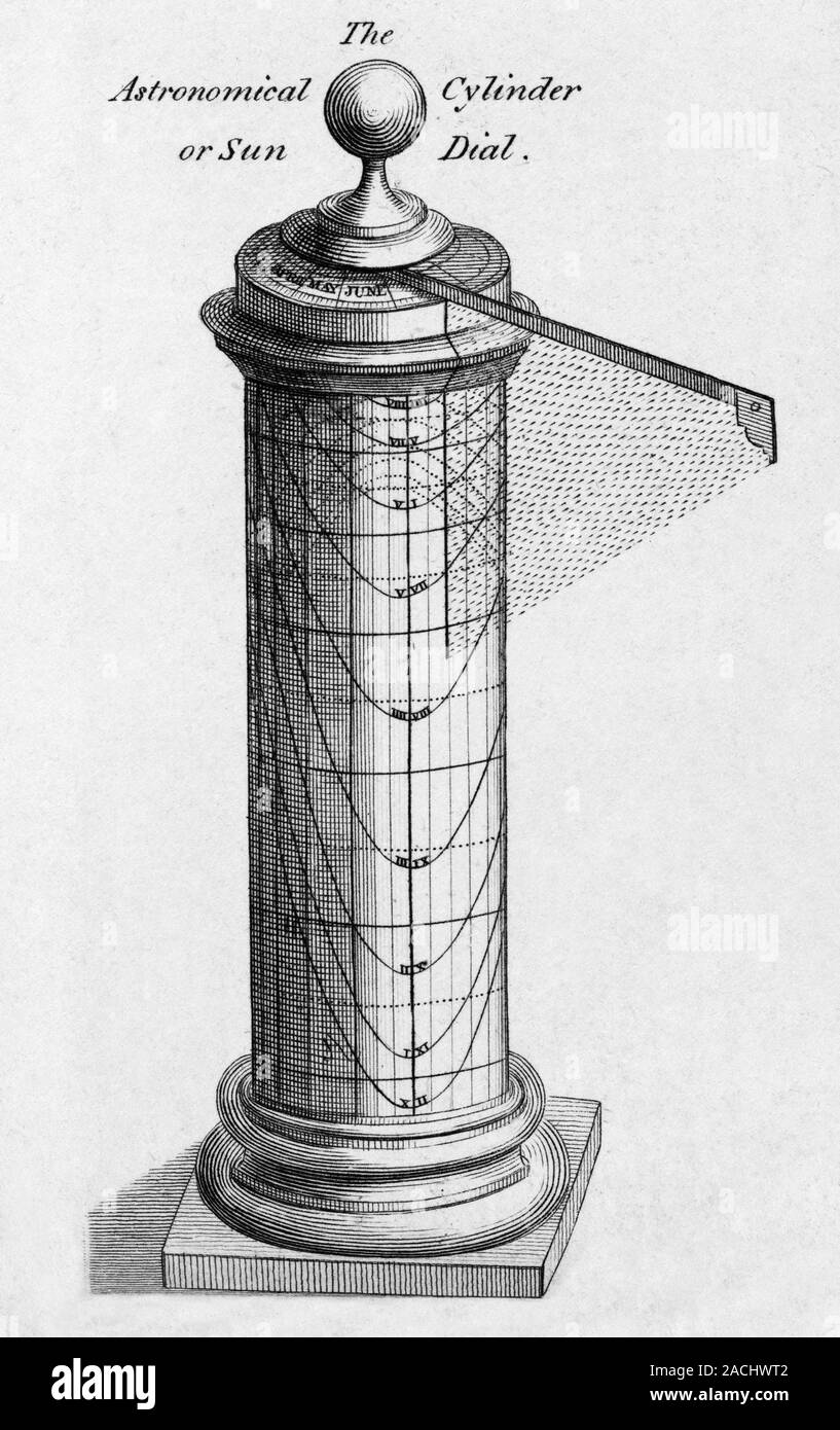 Engraving of a cylinder sun dial. Also known as a shepherd's or pillar ...