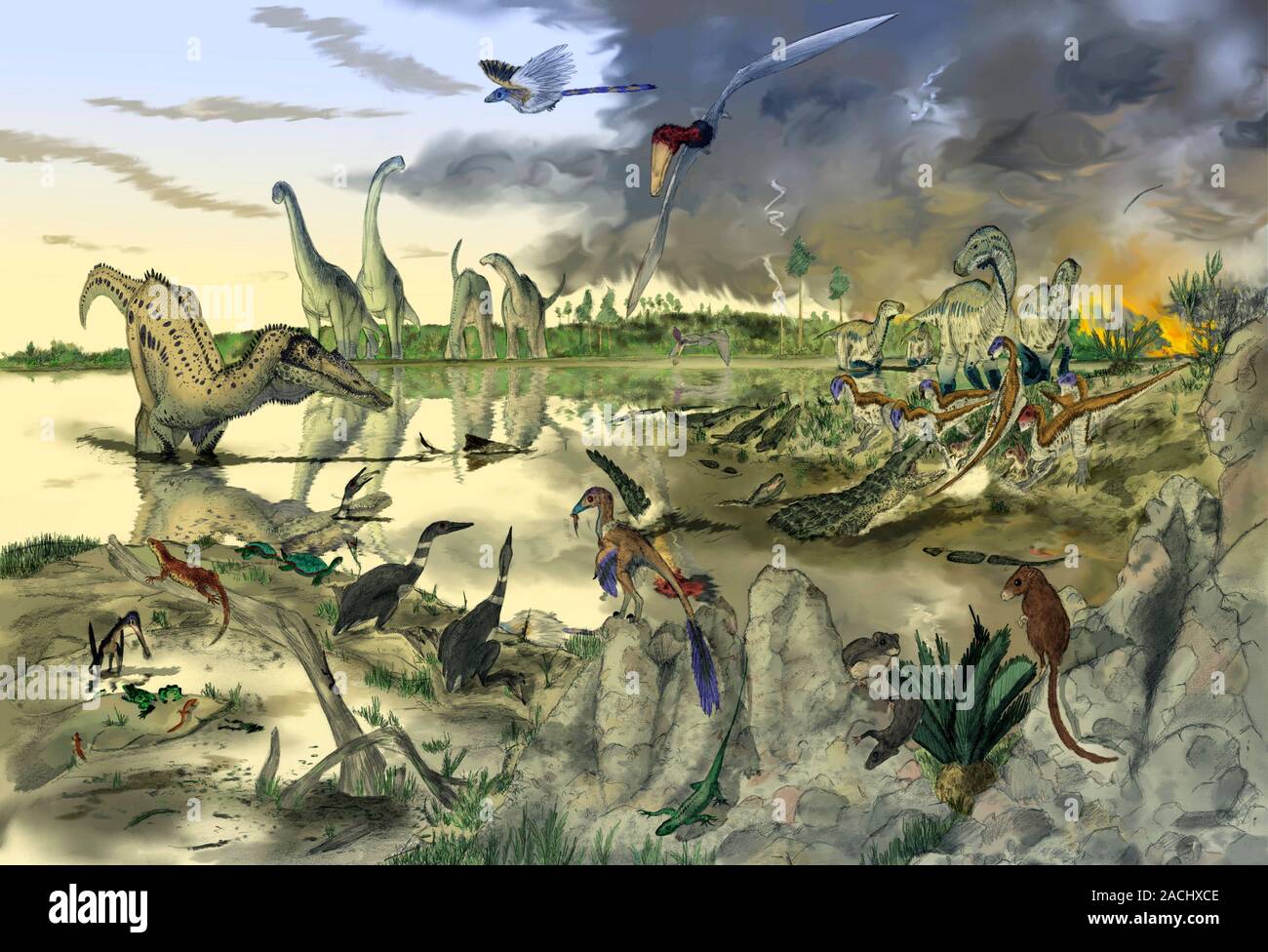 Prehistoric wildlife. Artwork depicting wildlife around a watering hole ...