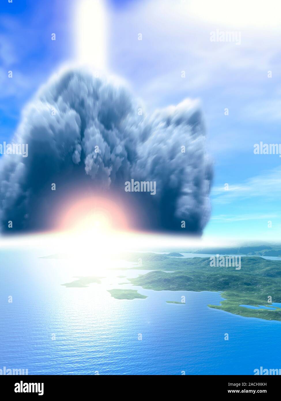 Extinction of the dinosaurs. Artwork of the explosion from asteroid ...