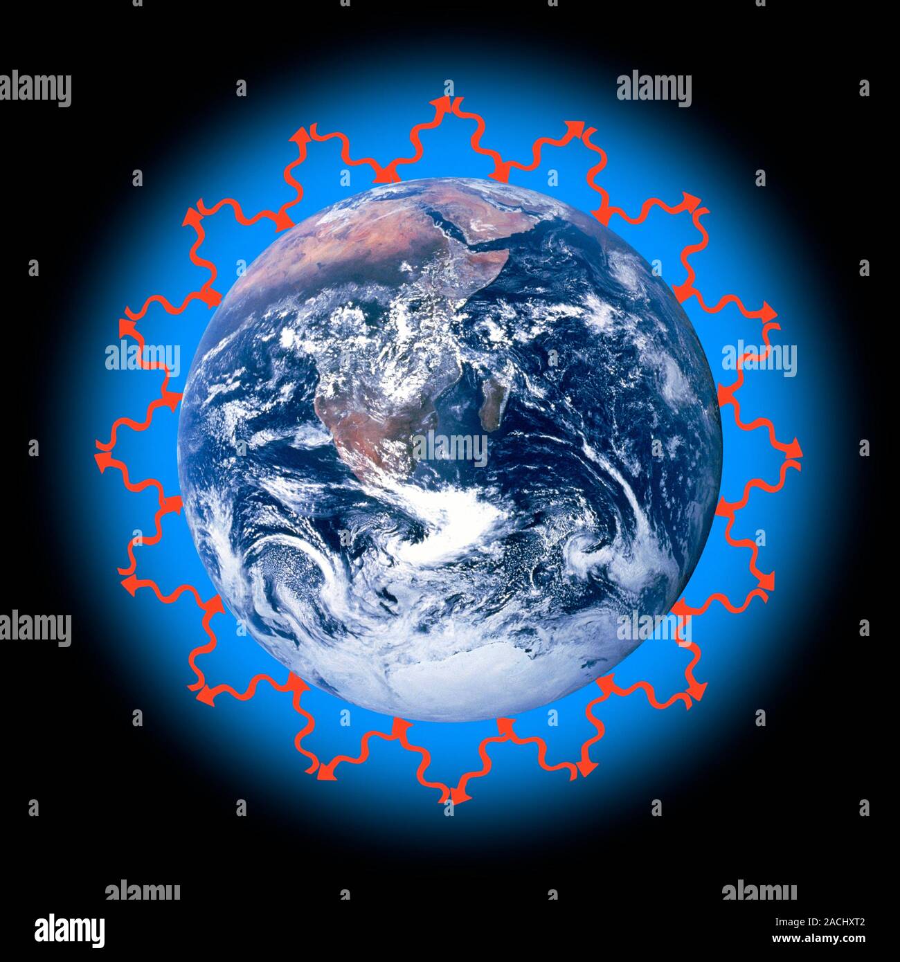 Greenhouse effect. Conceptual image of infrared rays (red arrows ...