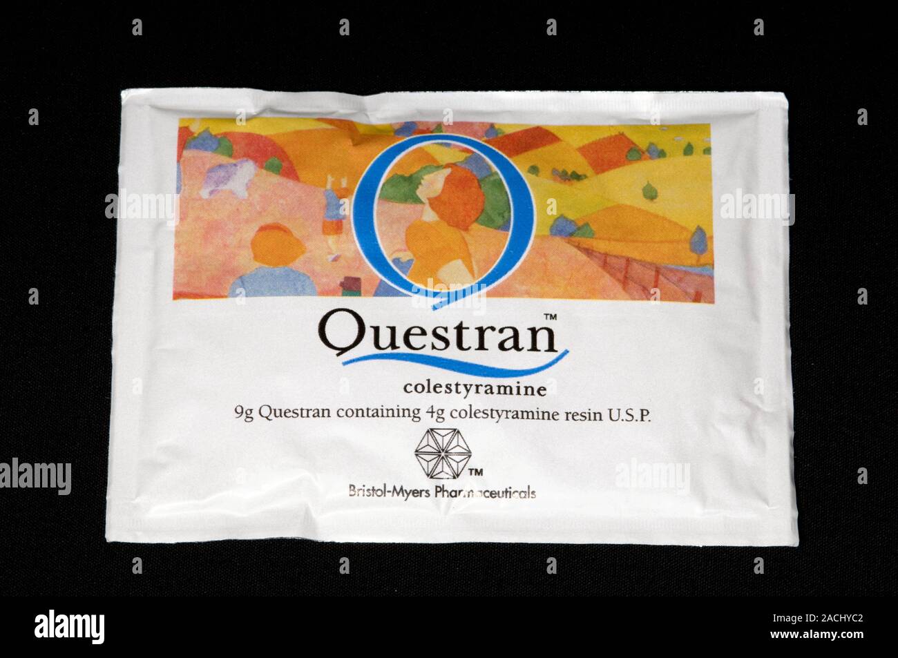 Sachet of Questran, a drug used to lower cholesterol. Questran contains ...