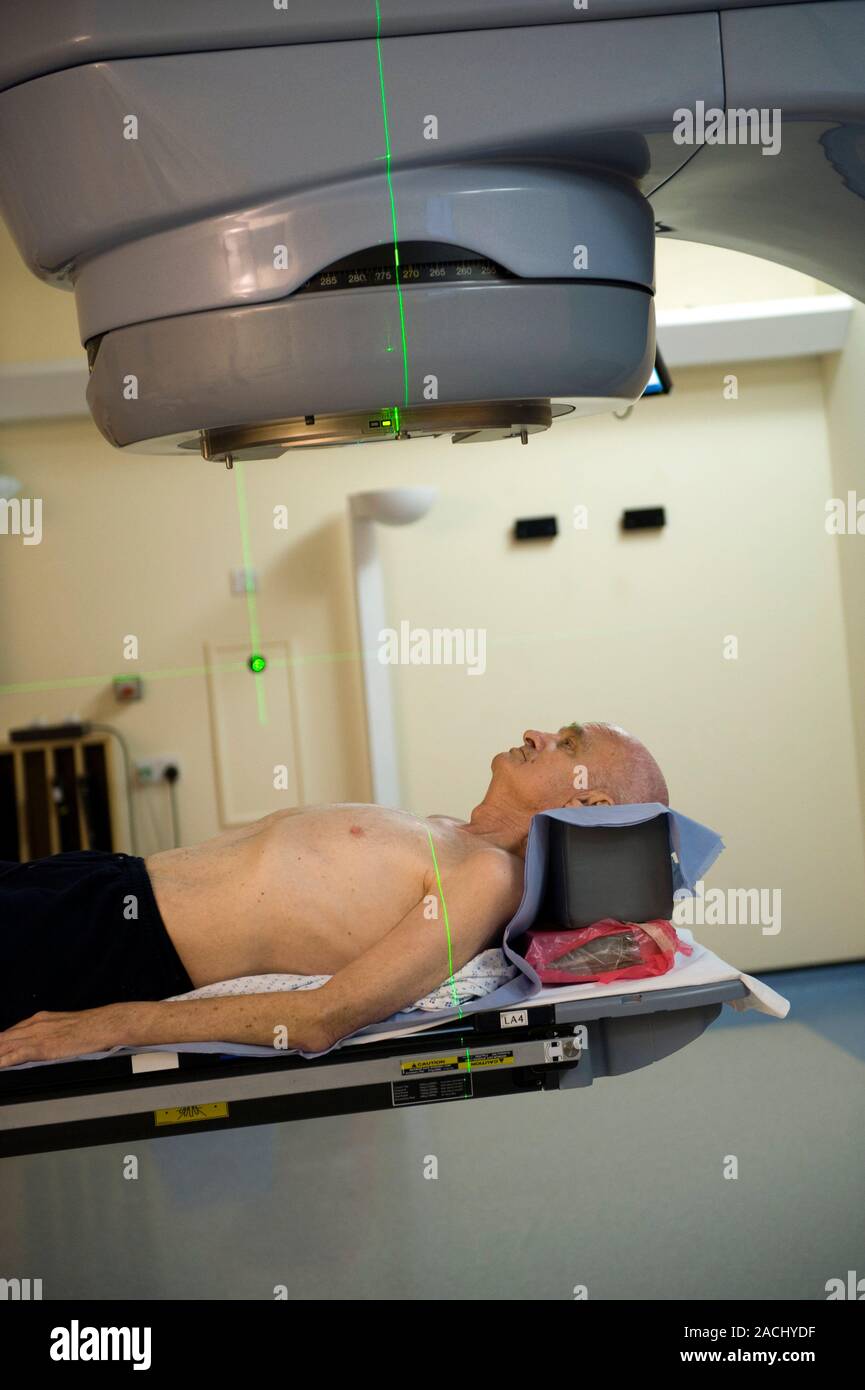 Lung cancer radiotherapy (radiation treatment) being conducted on an ...