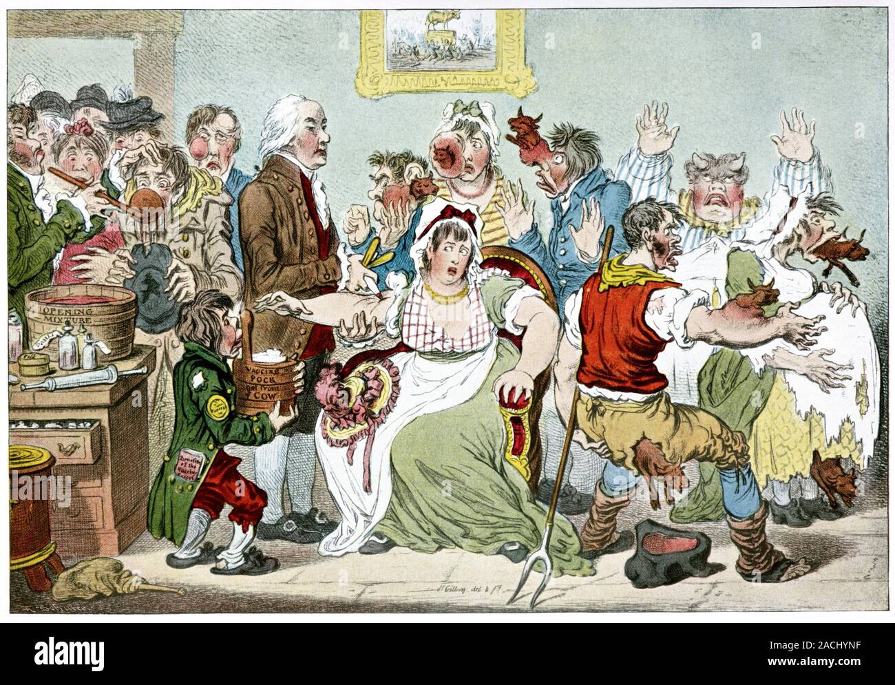 Smallpox vaccination. Satirical artwork of the supposed effects ...