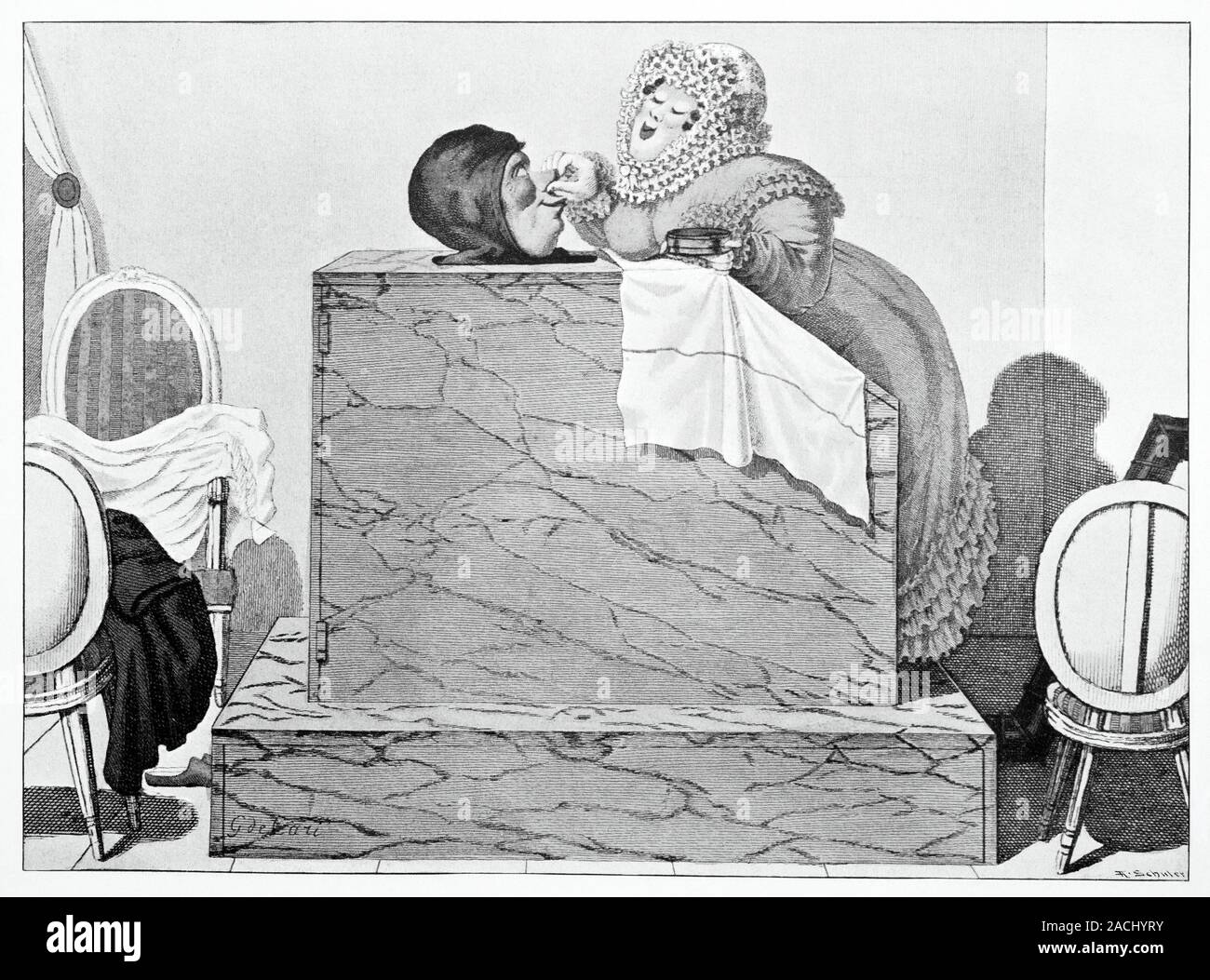 Steam bath. Satirical artwork showing a woman tending to a man who is ...