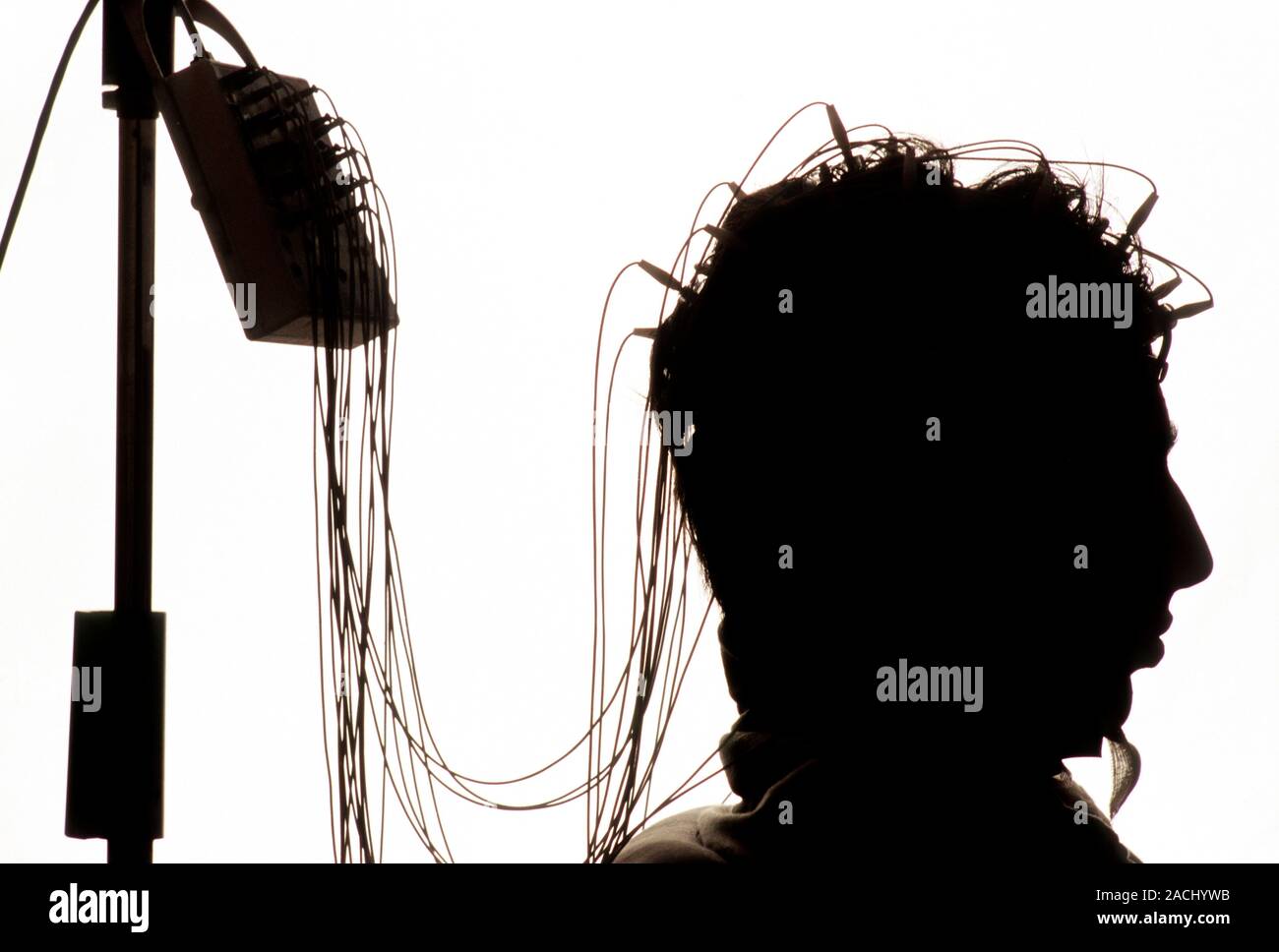 Neurological test for coma patient. Silhouette of brain electrodes ...