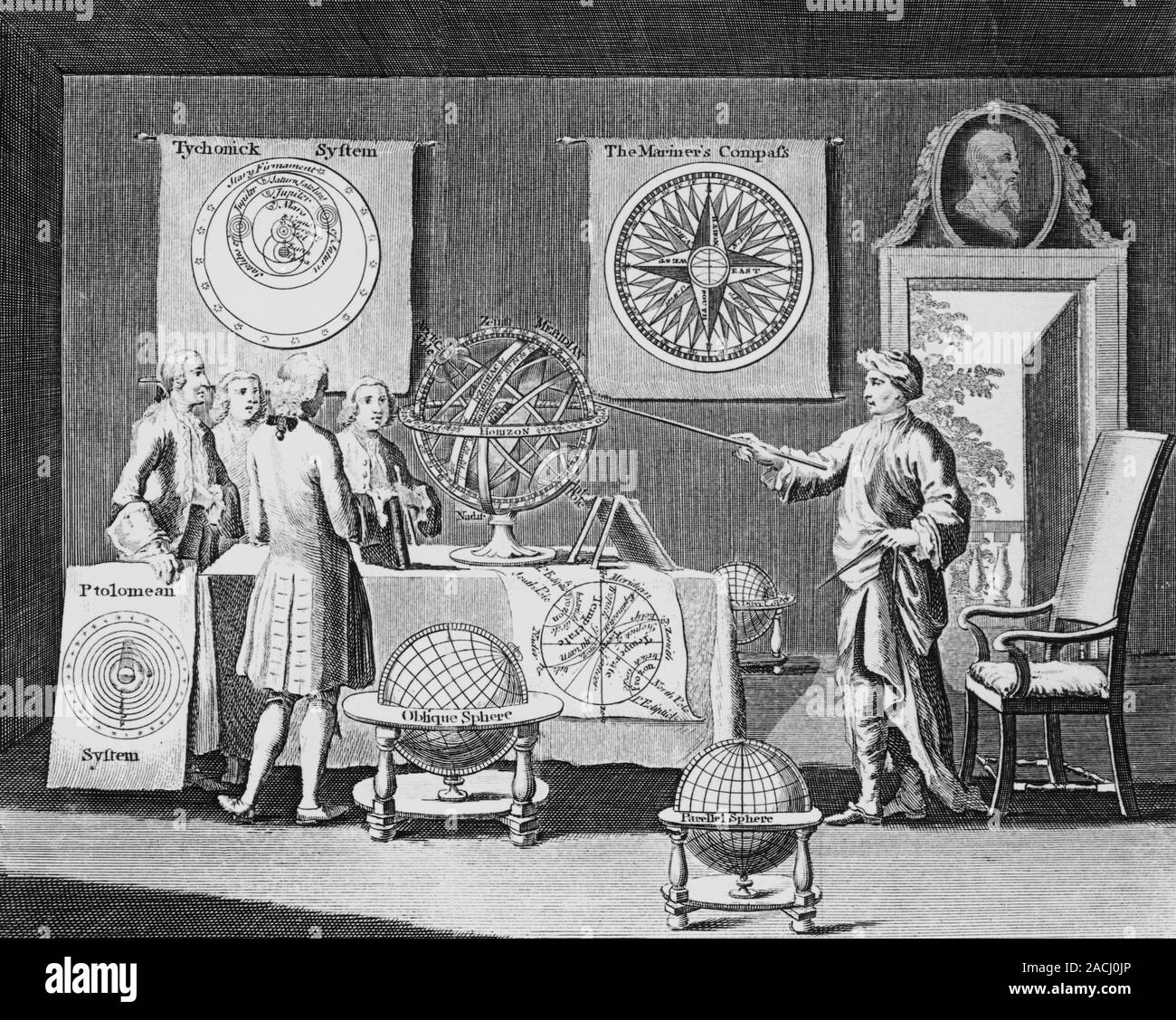 Astronomical instruction. Instructor (right) teaching students the principles of astronomy and ...