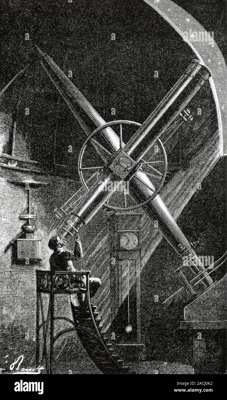 English astronomer, 19th century. The astronomer is seated on an ...