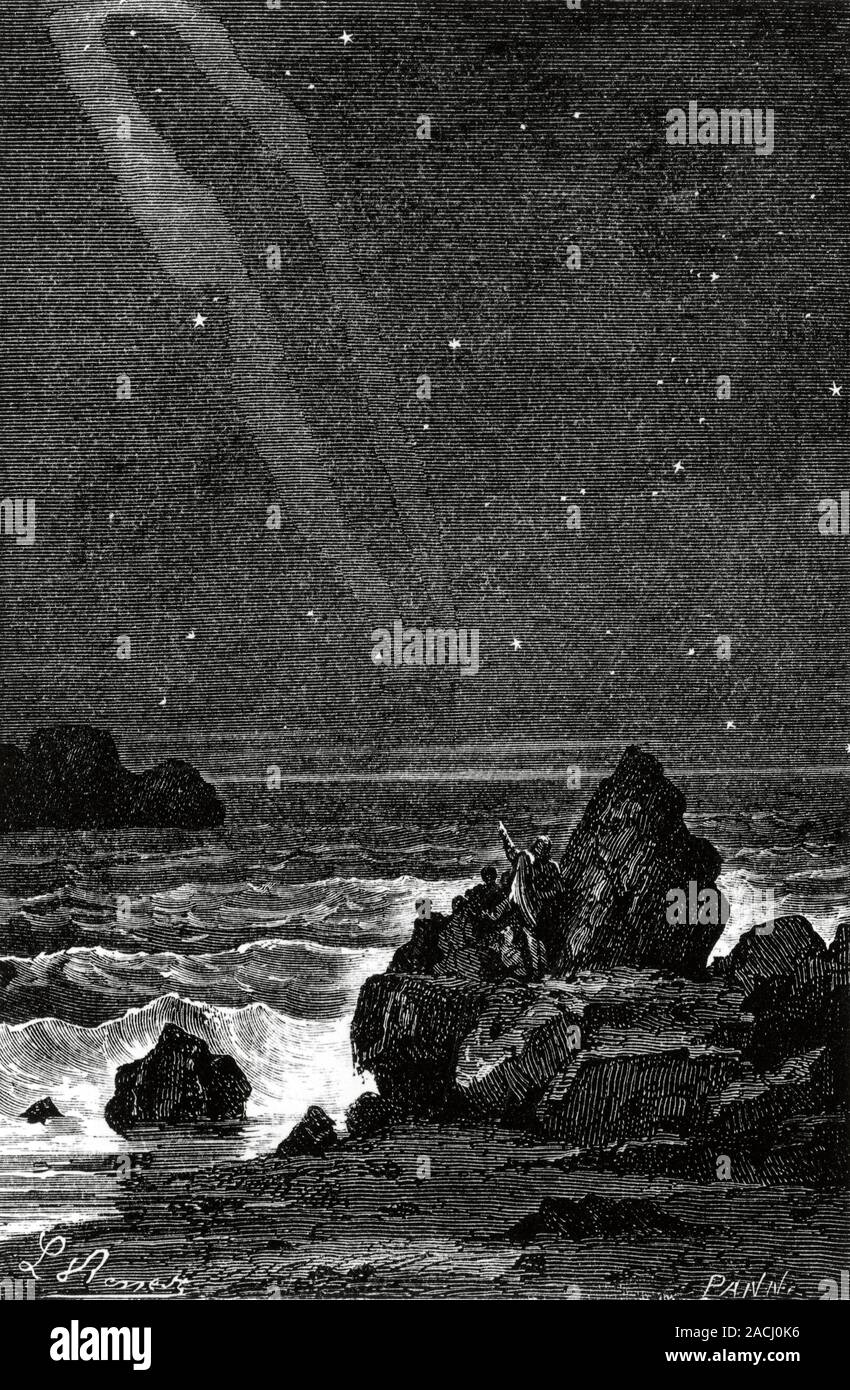Constellations seen from the seashore. Group of observers on rocks by ...