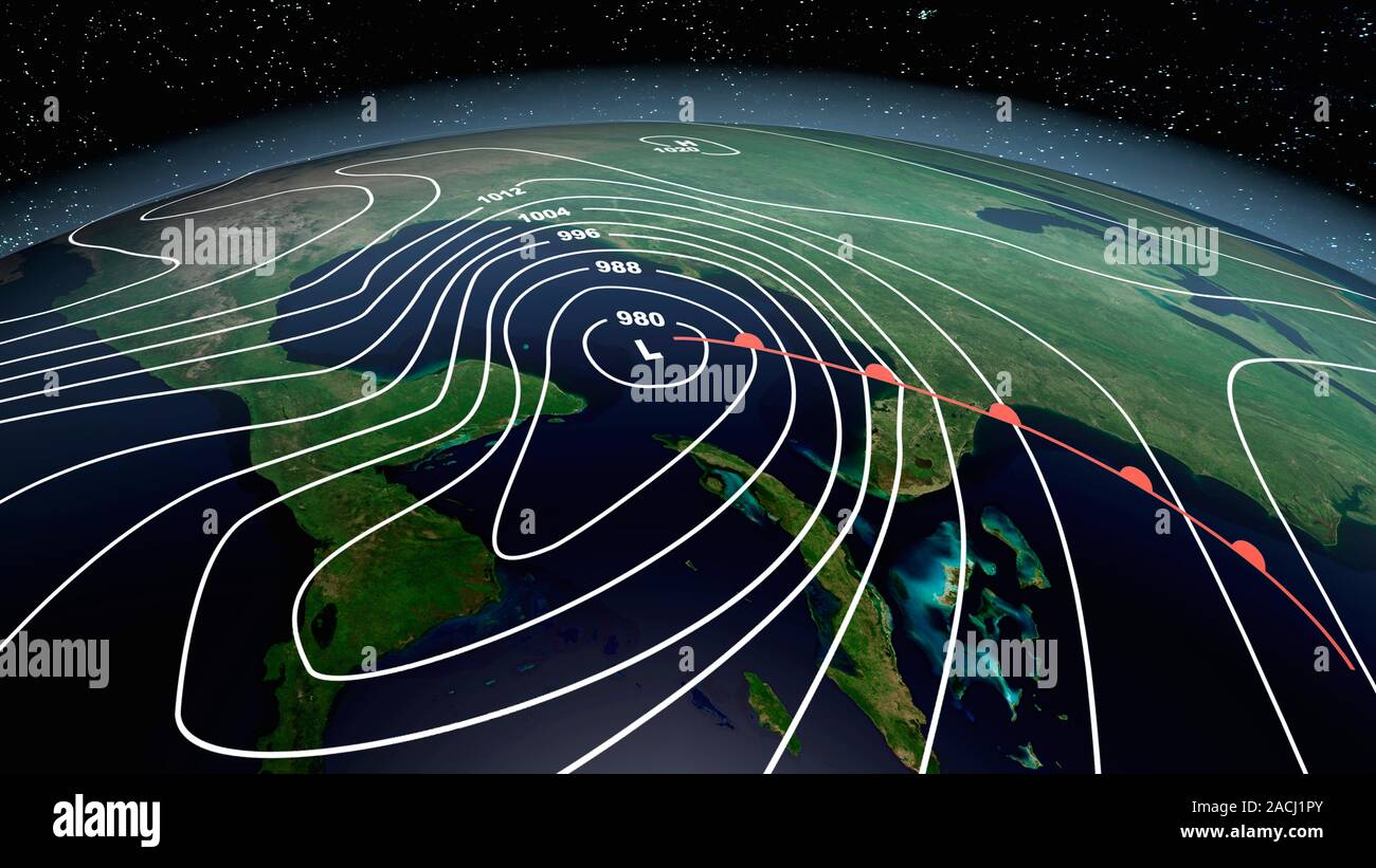 Gulf of Mexico hurricane, isobar diagram. The isobars (white lines ...