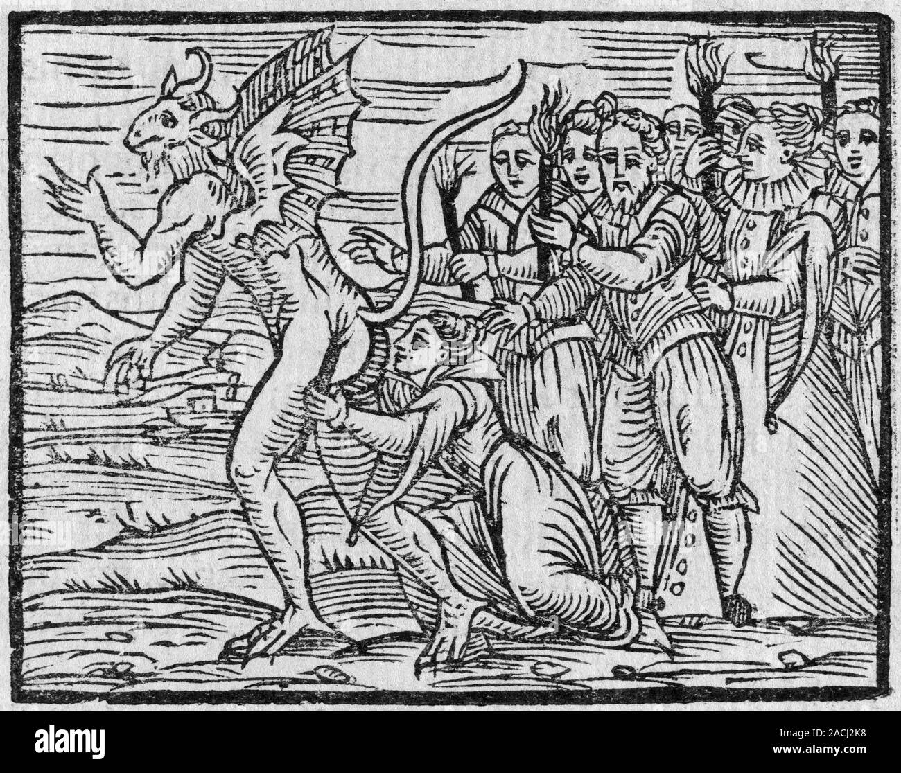 Witches adoring The Devil. 17th century woodcut illustration depicting women, presumably witches ...