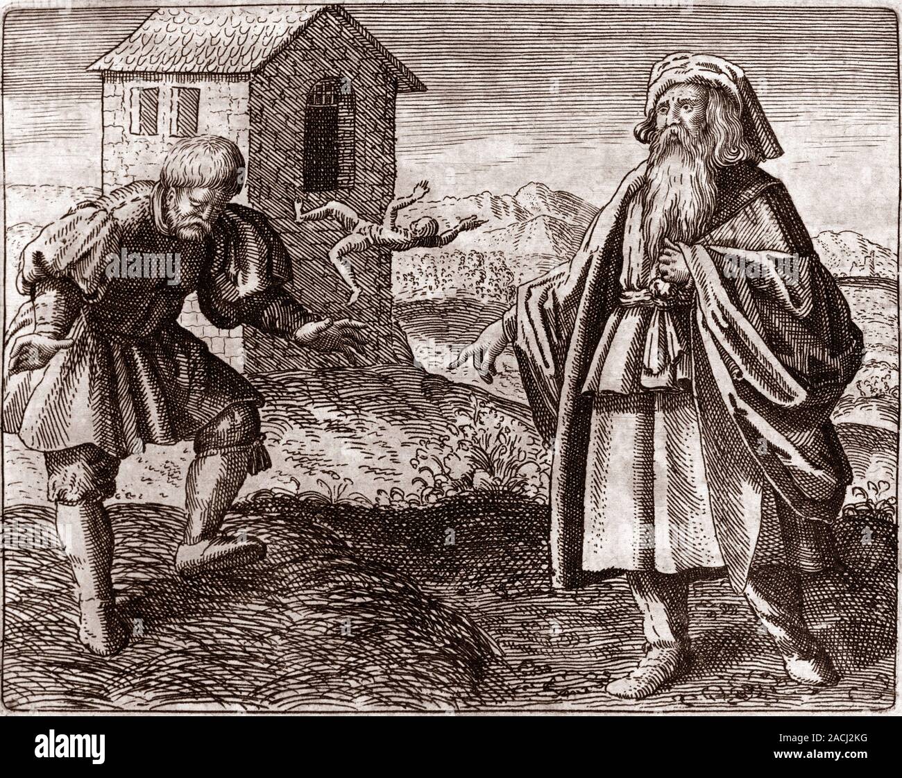 Engraving depicting Morienus the Greek (left) and King Khalid ibn Yazid ...