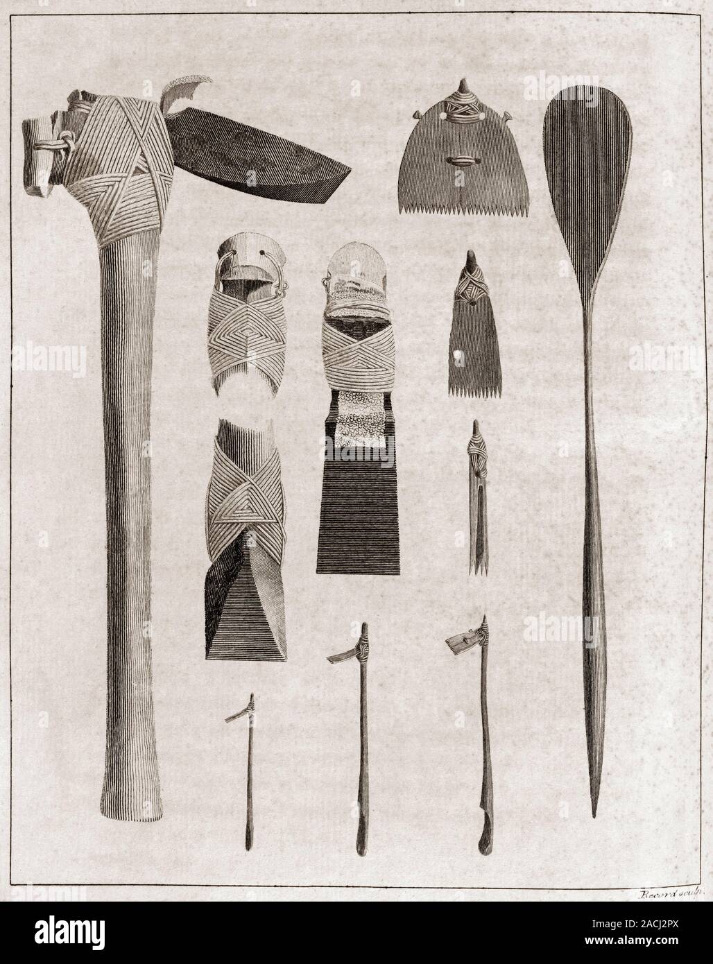 Polynesian artefacts. Engraving of several artefacts seen by explorers ...