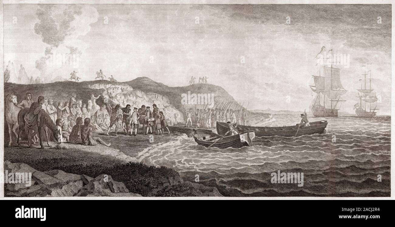 Engraving depicting the meeting between John Byron and Patagonian ...