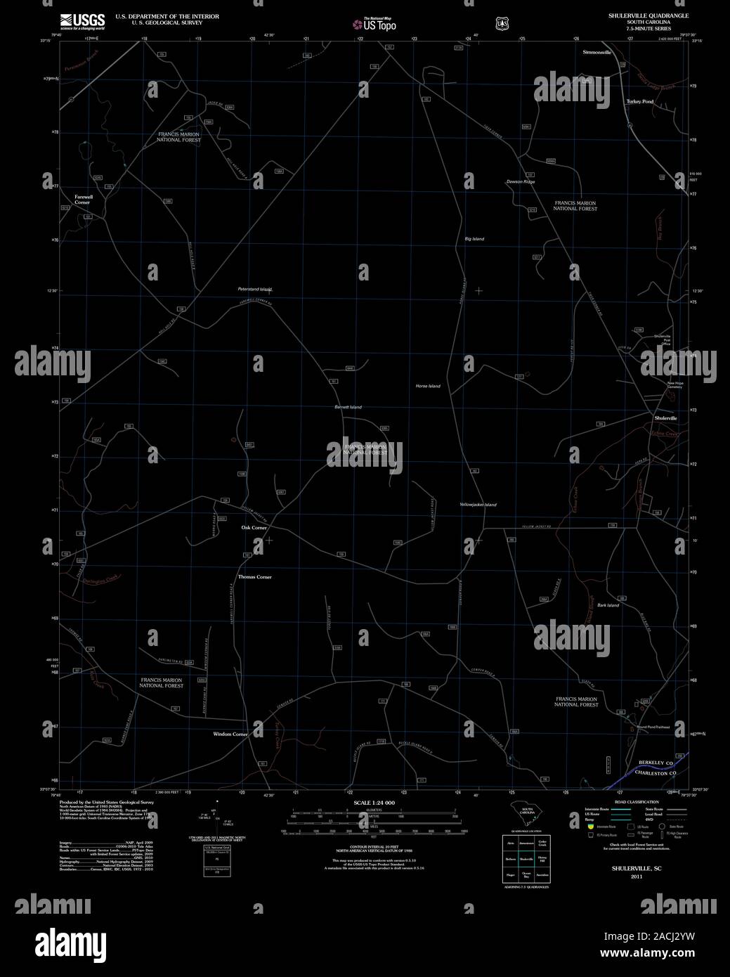 USGS TOPO Map South Carolina SC Shulerville 20110816 TM Inverted ...
