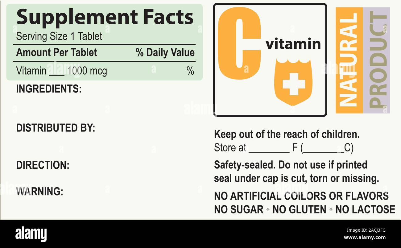 Basic label with supplement facts for Vitamin C. Natural product Stock ...