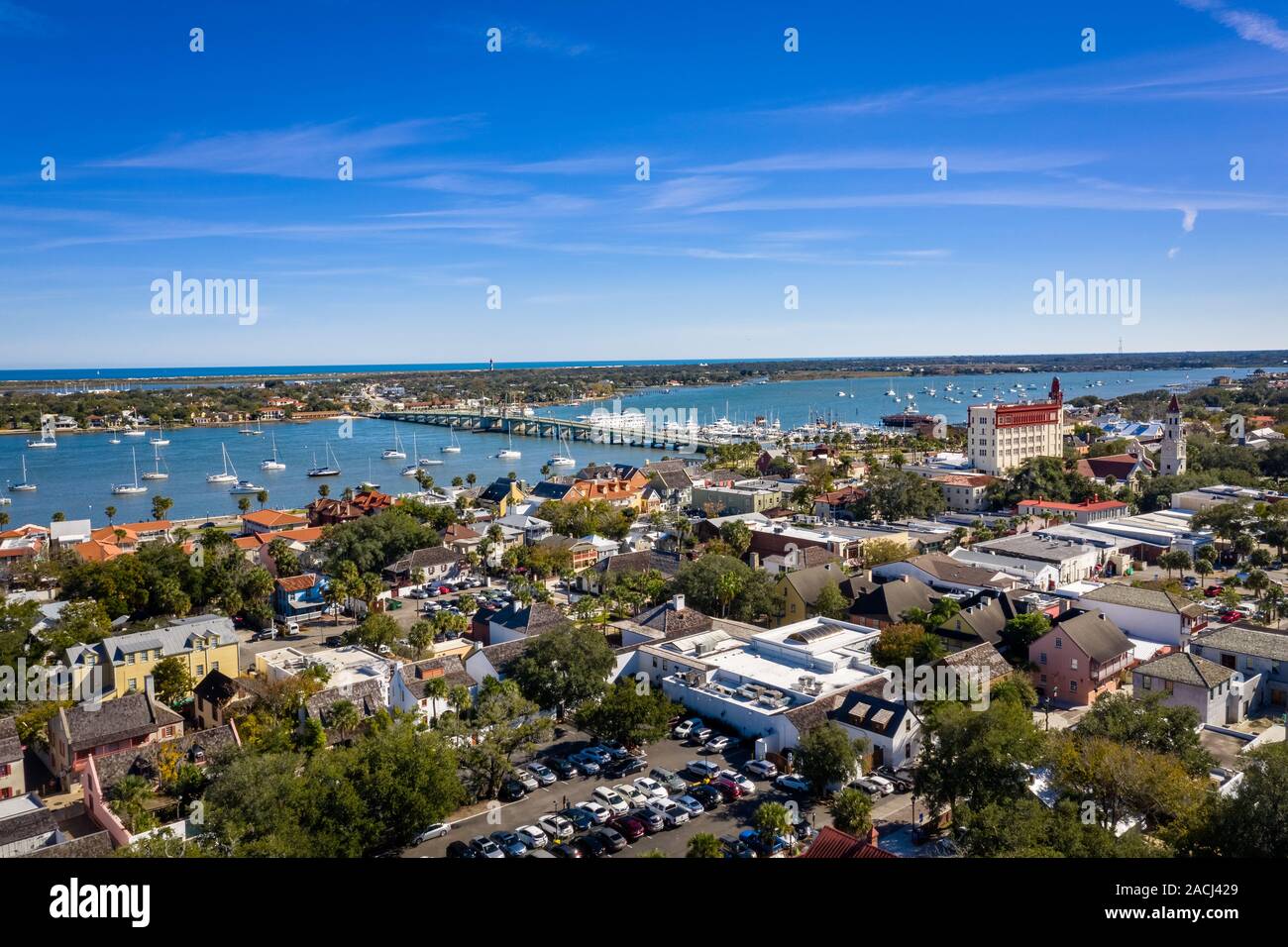 Aerial view Saint Augustine harbor and bridge of lions in Saint ...