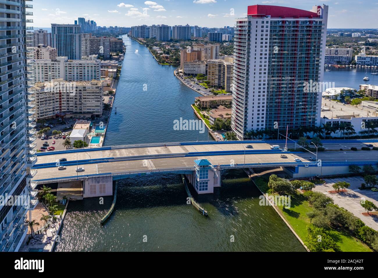 Aerial view Miami Beach showing a draw bridge on the canal Stock Photo ...