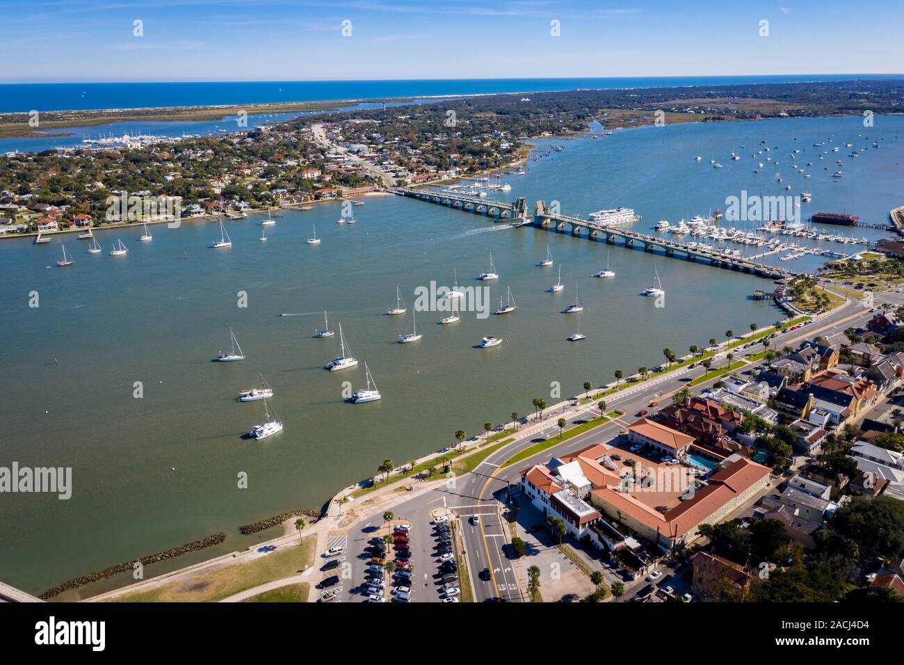 Aerial view Saint Augustine harbor and bridge of lions in Saint ...