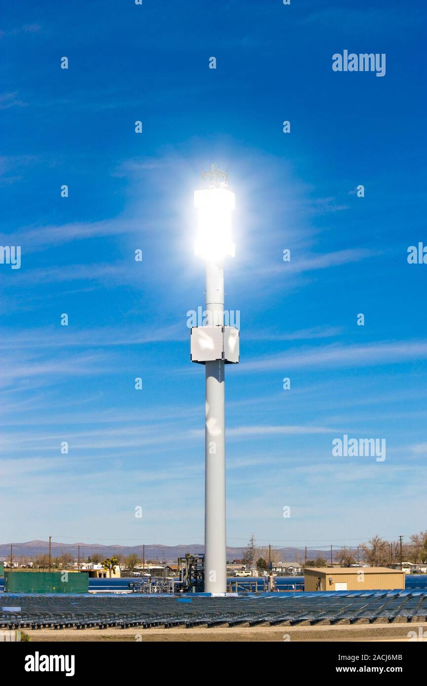 Concentrating solar power plant. Heliostat (mirrors with sun-tracking ...