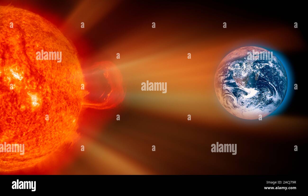 Solar storm. Artwork of the Sun (left) and Earth (right), showing ...