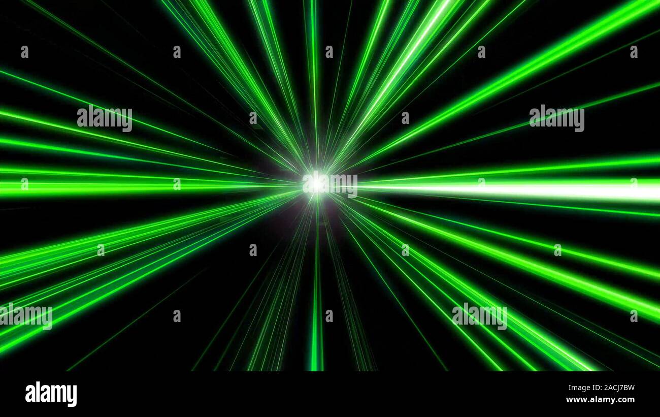 Entering green space warp. Abstract background with fast flying light ...