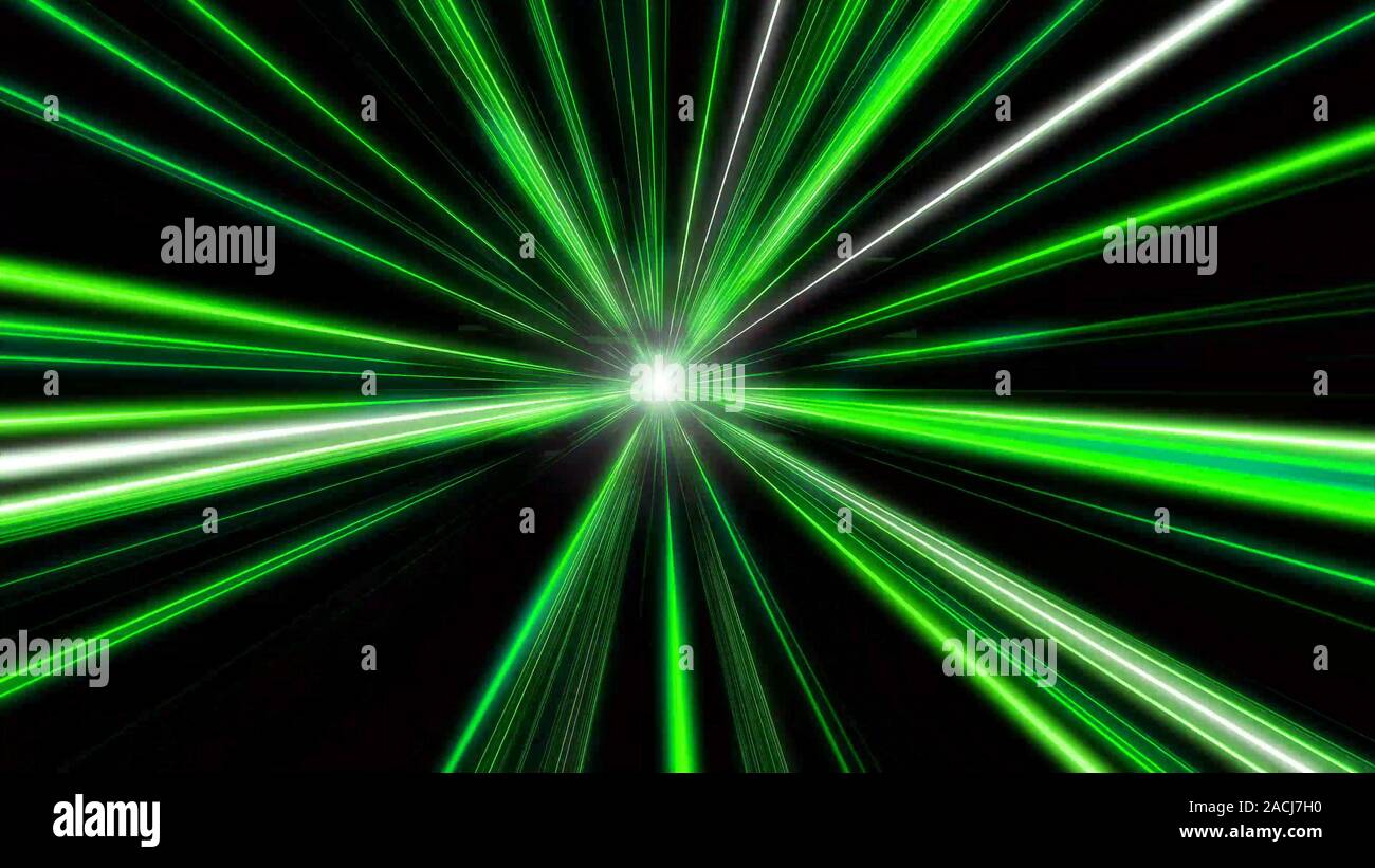 Entering green space warp. Abstract background with fast flying light ...