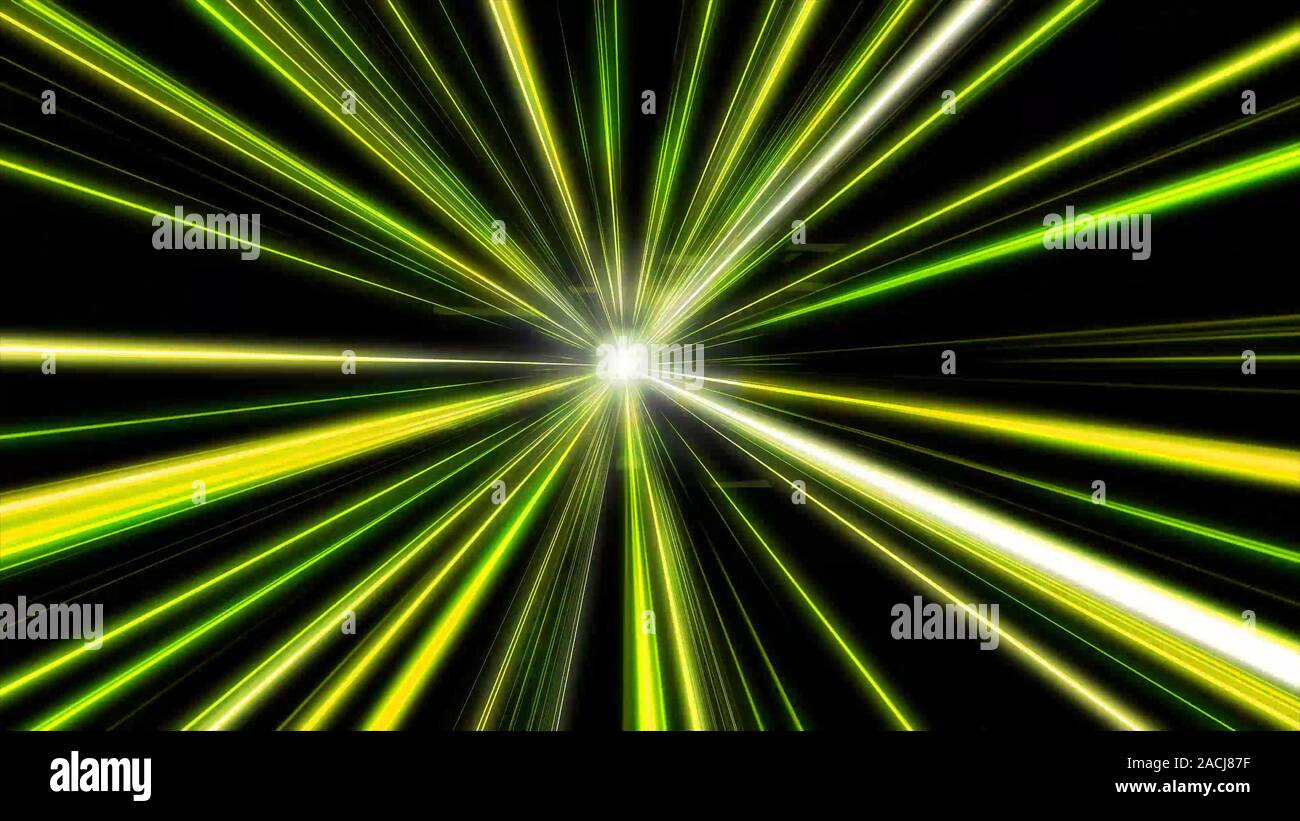 Entering yellow space warp. Abstract background with fast flying light ...