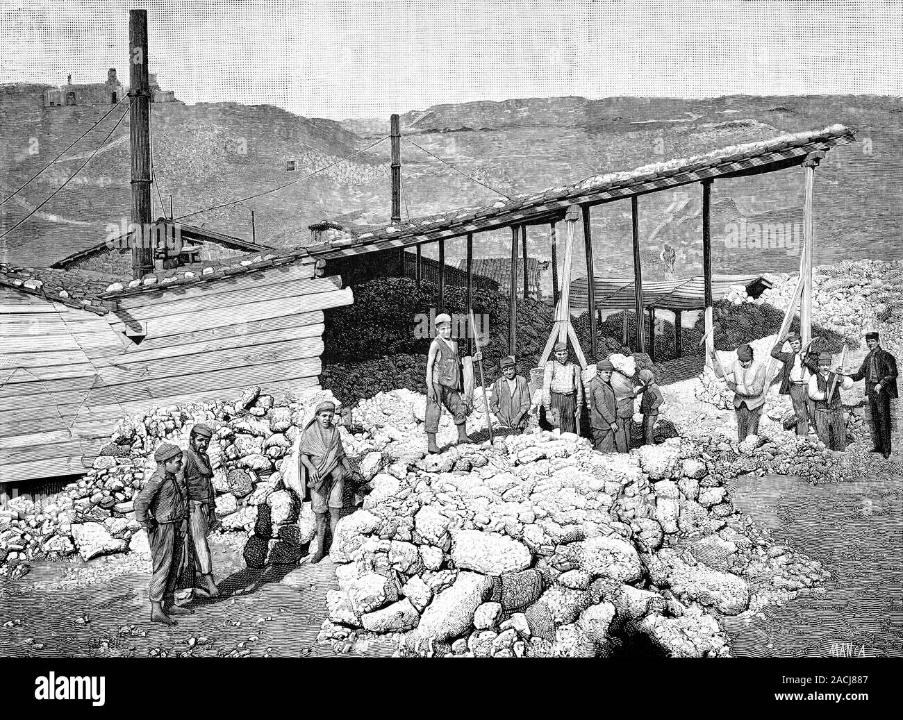 Sulphur ore deposits. 19th Century artwork of workers breaking up ...