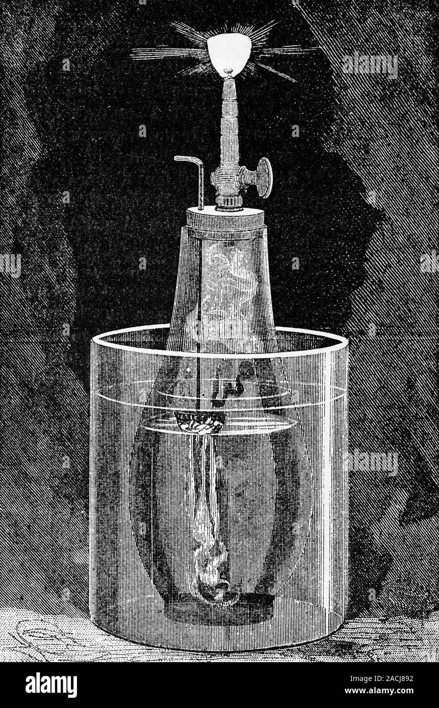 Acetylene lamp, 19th-century artwork. This lamp burns the gas acetylene ...