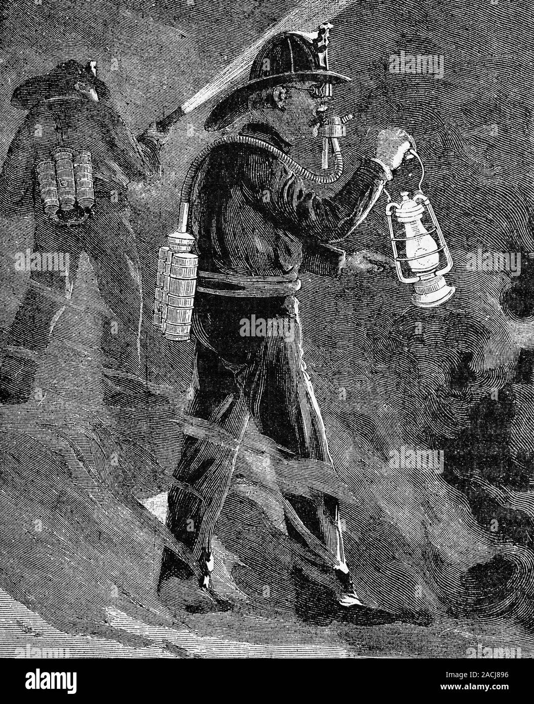 Loeb respirator. 19th Century artwork of Bernhard Loeb wearing the ...