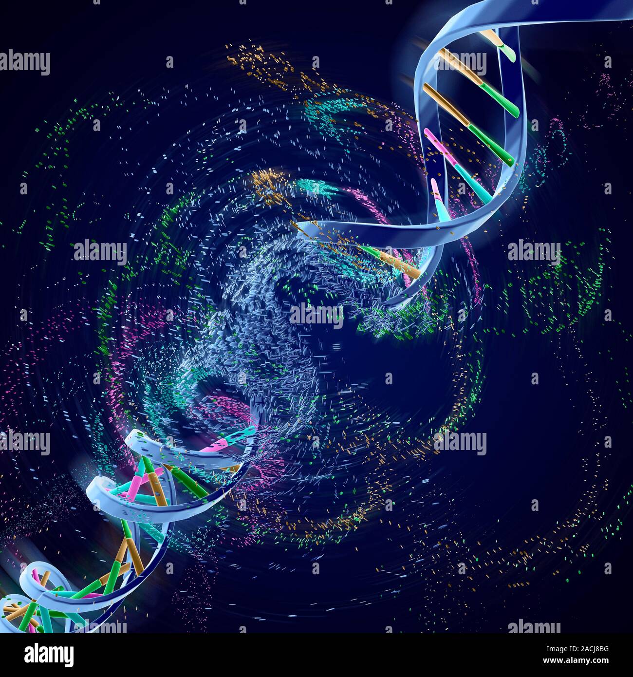 DNA damage, conceptual artwork. The fragmentation (centre) of this ...