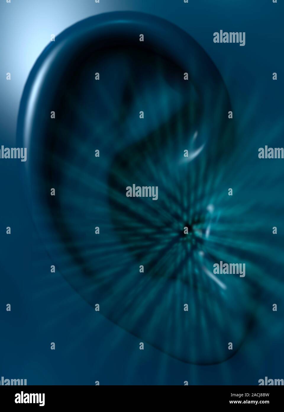 Ear and hearing. Computer artwork of a human ear and radiating lines ...
