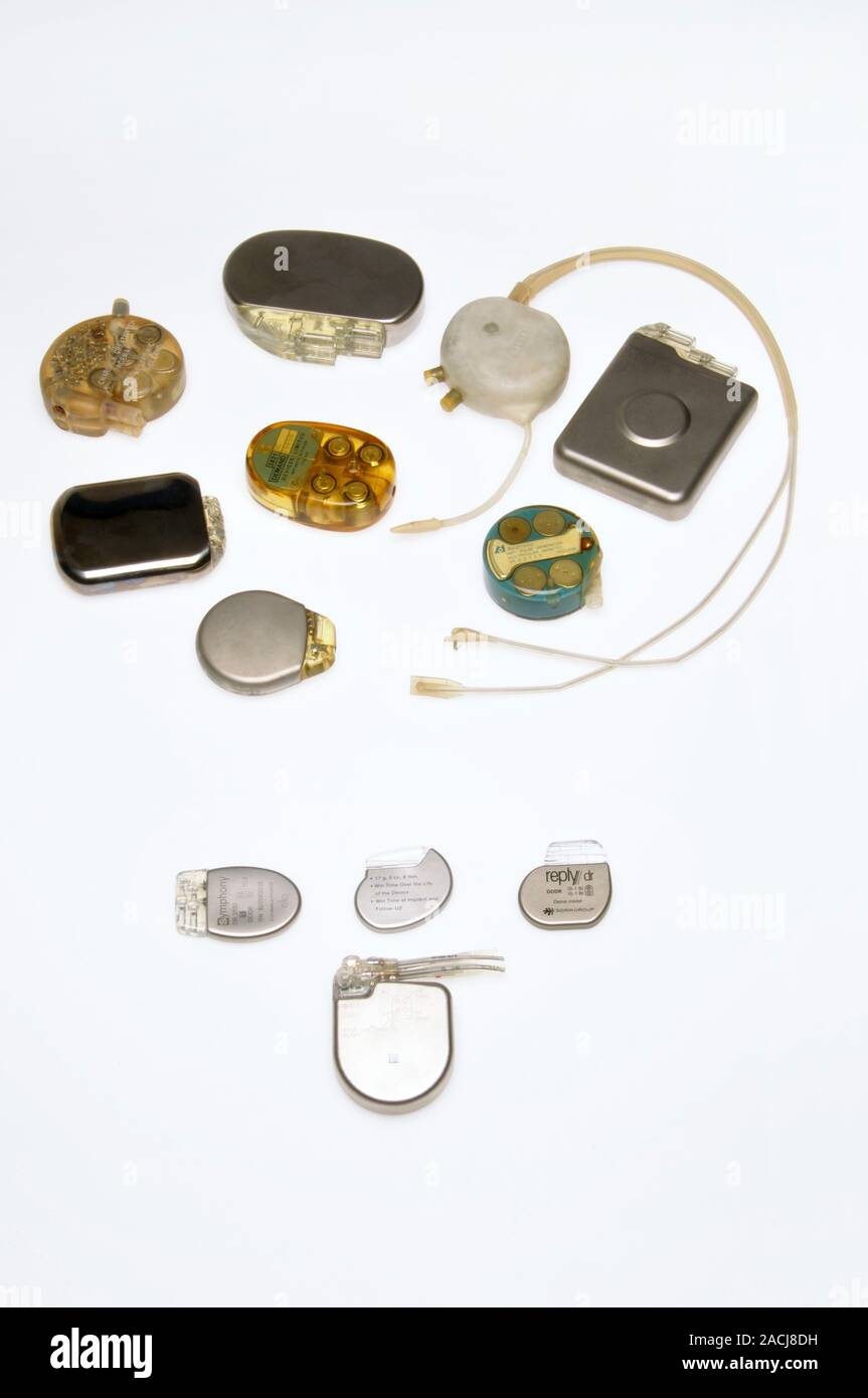 Pacemaker comparison. Collection of implantable pacemakers dating from ...
