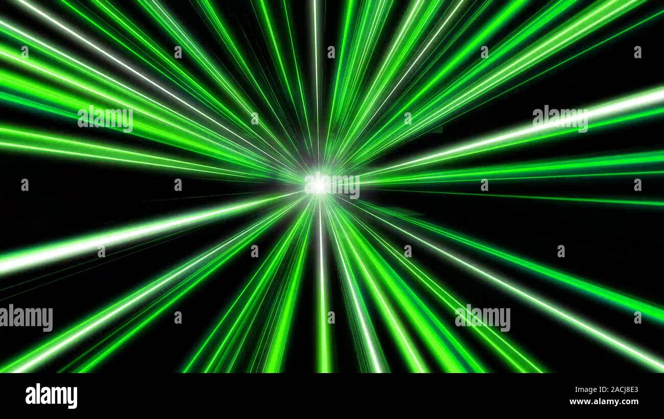 Entering green space warp. Abstract background with fast flying light ...