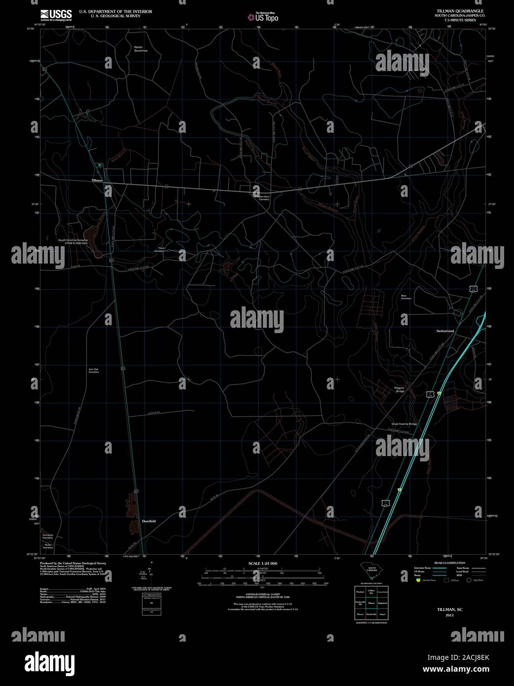 USGS TOPO Map South Carolina SC Tillman 20110803 TM Inverted ...
