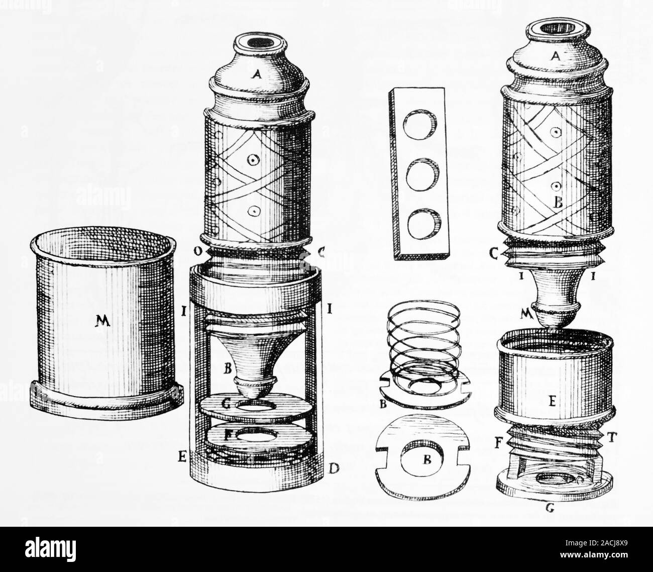 17th Century microscope. Historical artwork showing the construction of ...