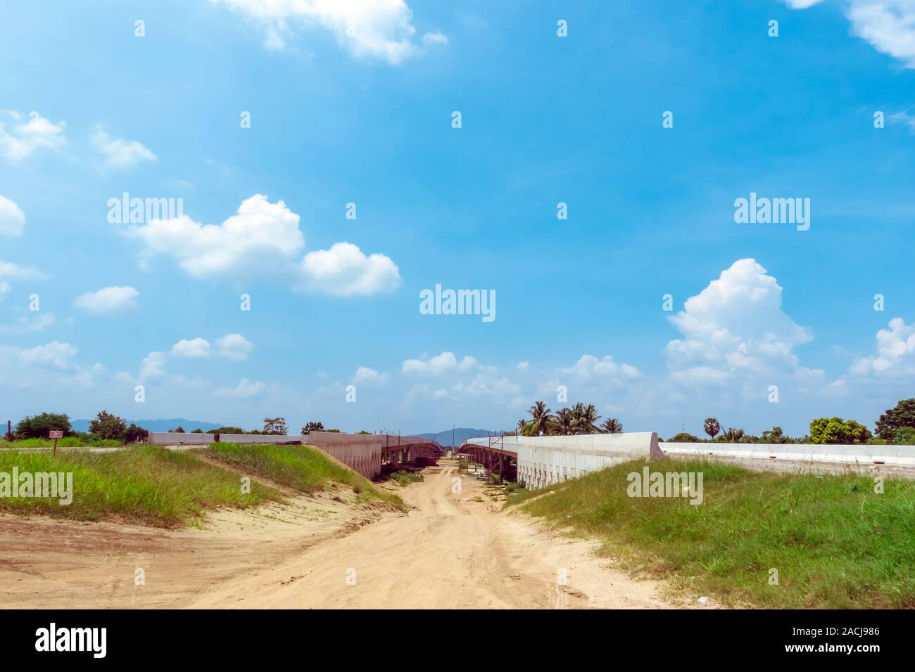 Unfinished of construction of the large concrete bridge of the motorway ...