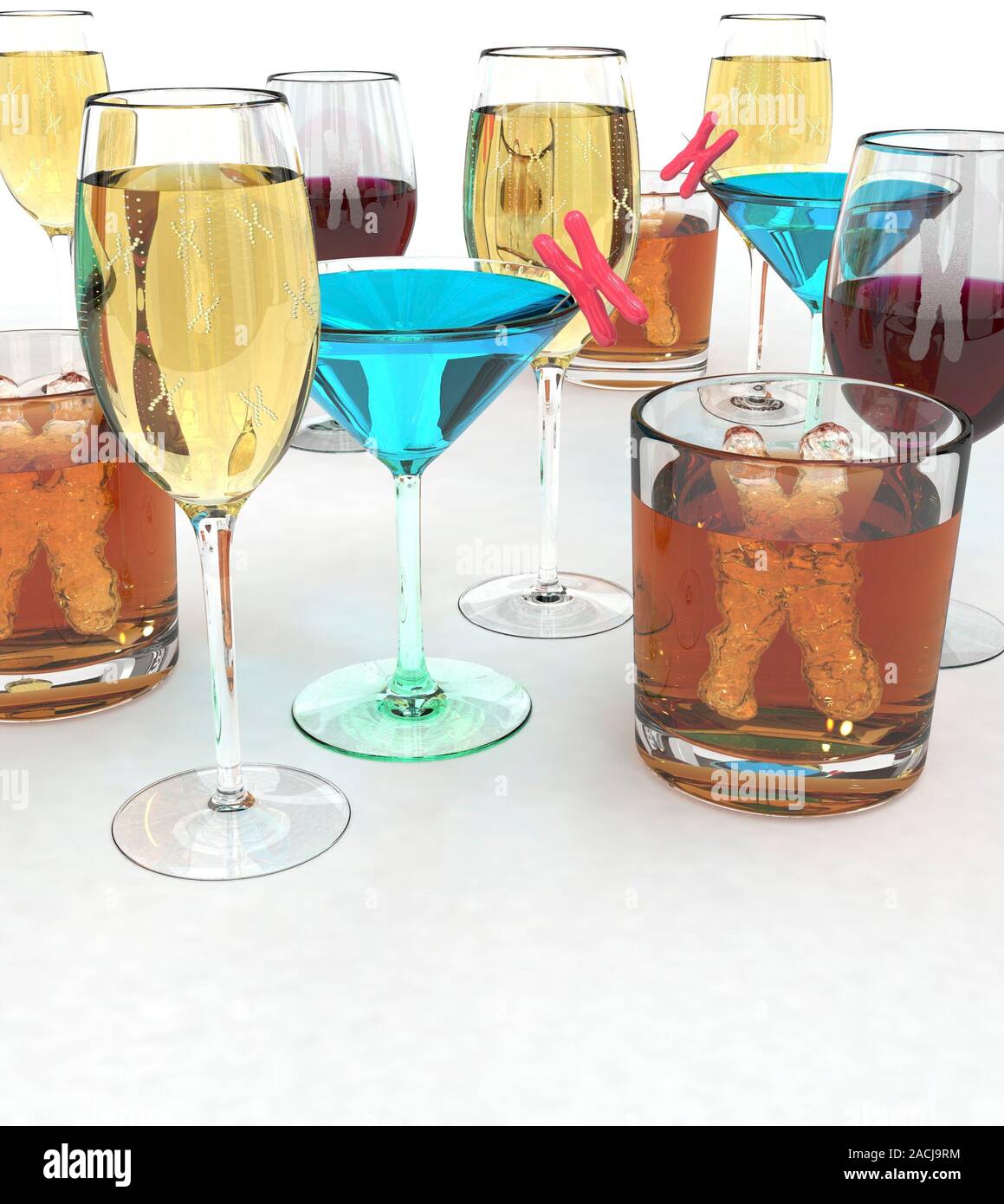 Alcohol metabolism gene. Conceptual image of chromosomes (X-shaped) in ...