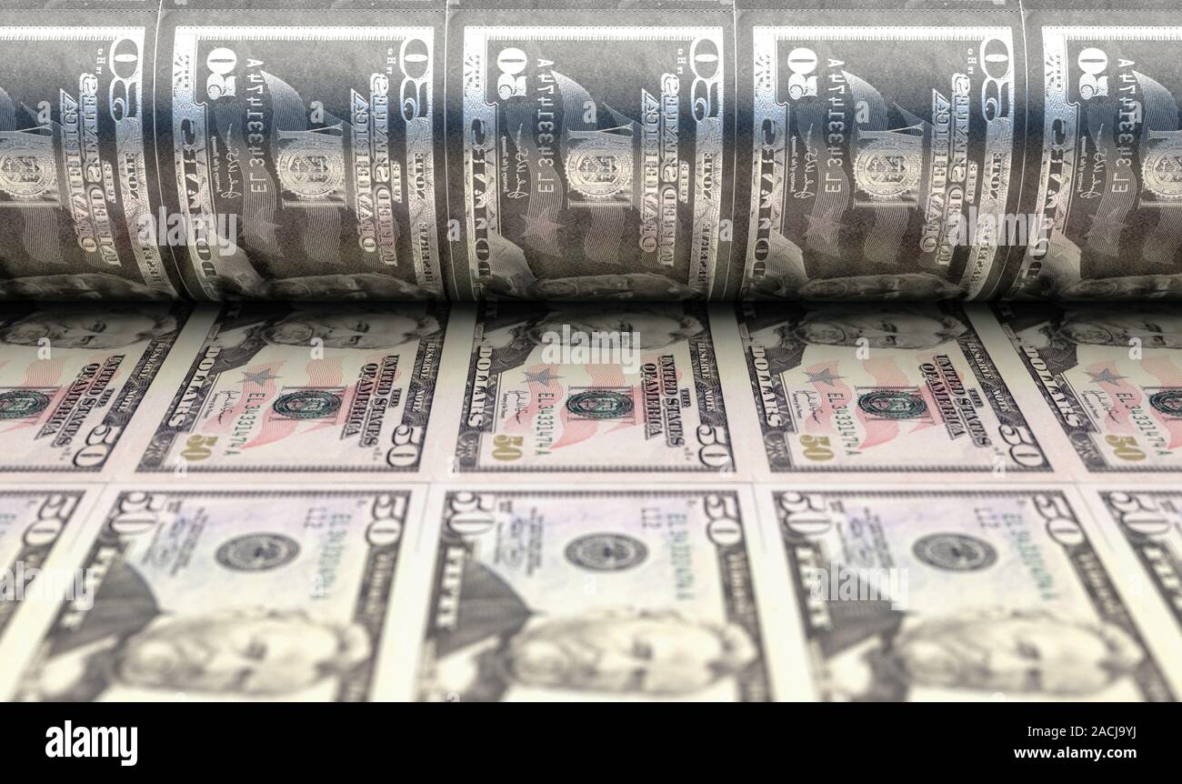 A concept image showing a sheet of US Dollar notes going through a ...