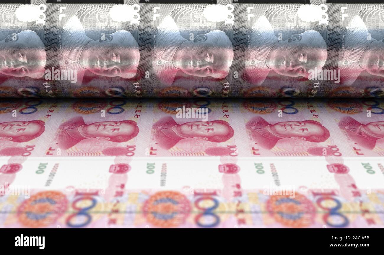 A concept image showing a sheet of Chinese yuan renminbi notes going ...