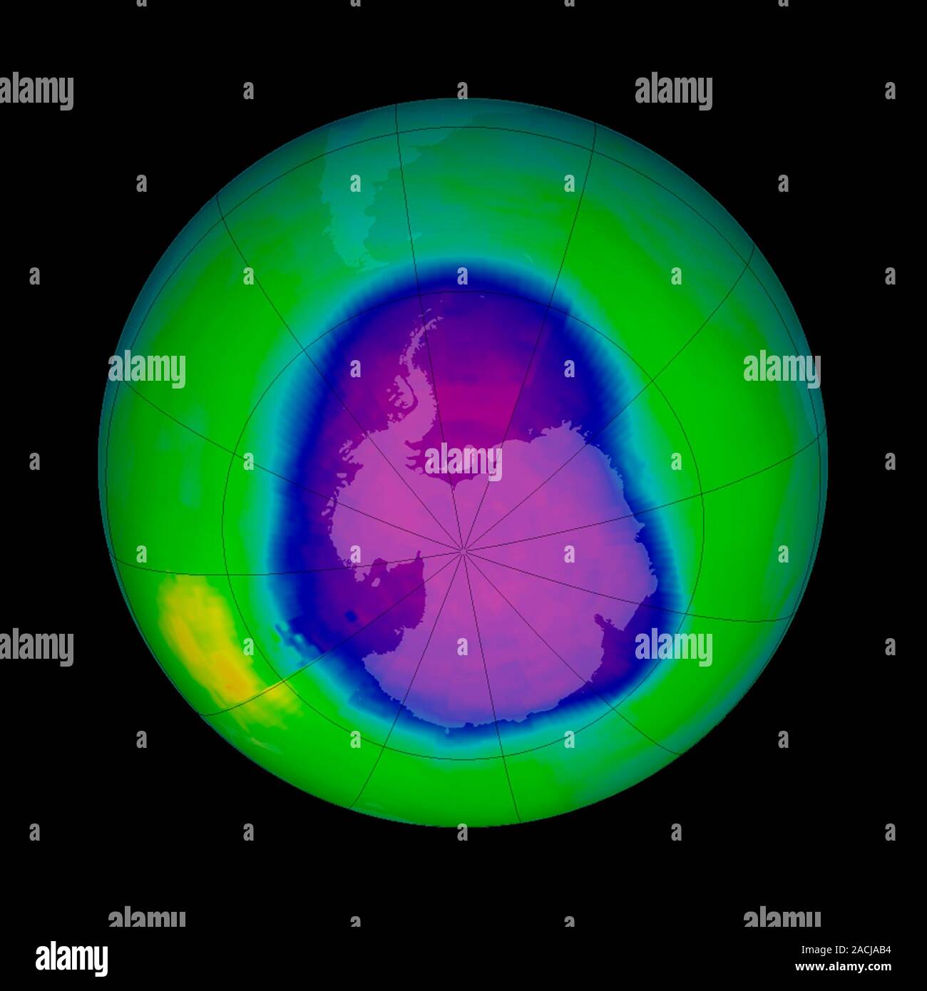 Antarctic ozone hole. Satellite image of the ozone hole (purple) over ...